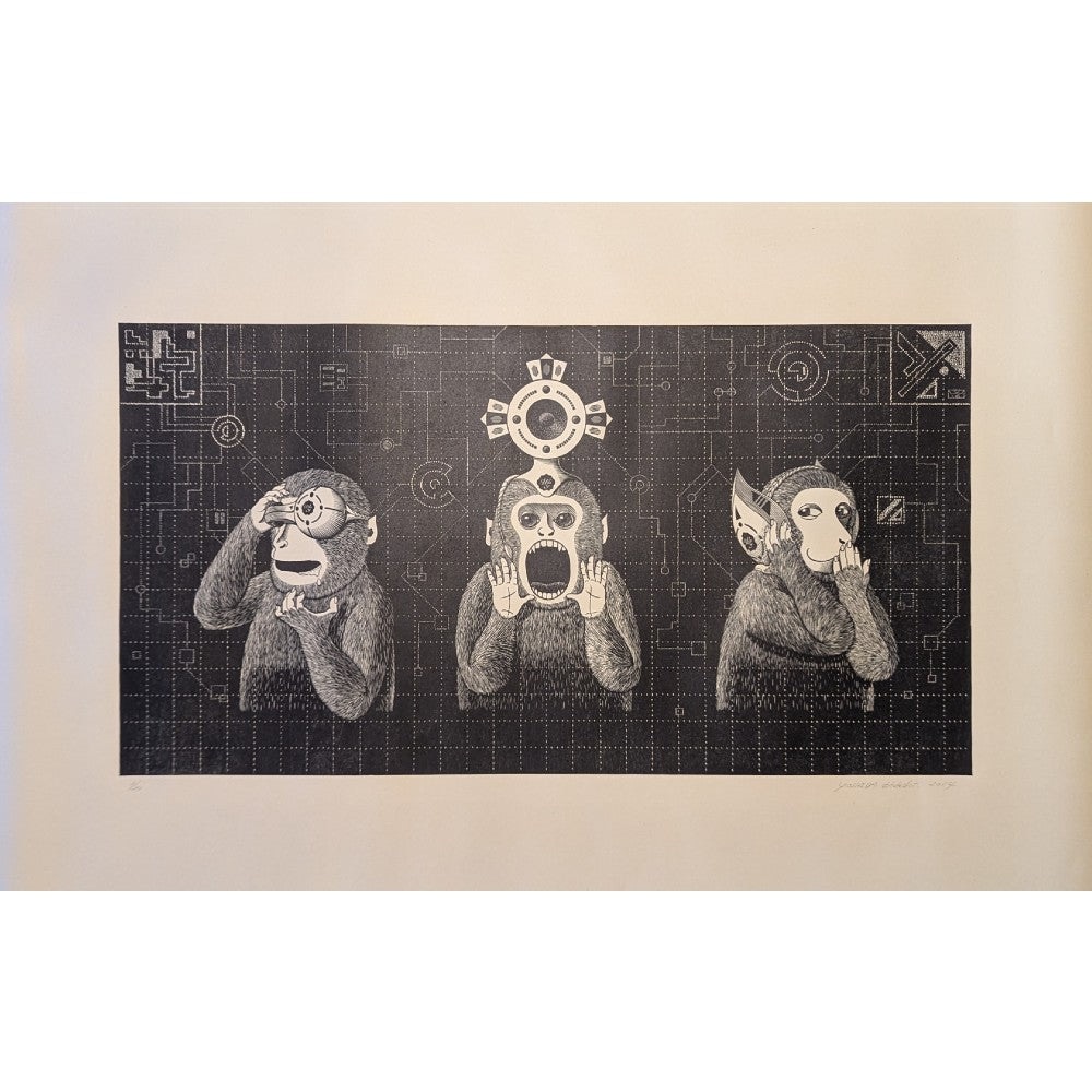 Three Smart Monkeys by Hideshi Yoshida | Woodblock Print | Kumo Arts